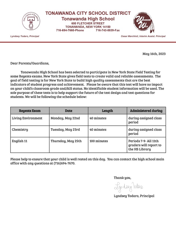 More NYS Regents Field Testing | Tonawanda Middle/High School